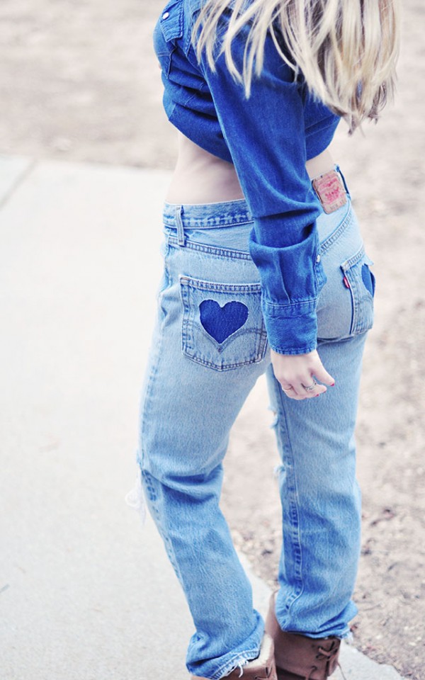 DIY Cut Out Heart Pockets // Vintage Levi’s Denim on Denim