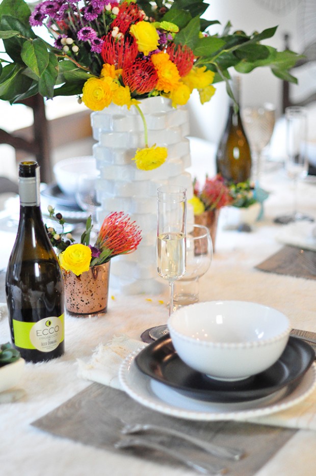 Layered Textures Tablescape in Black & Ivory with Wildflowers